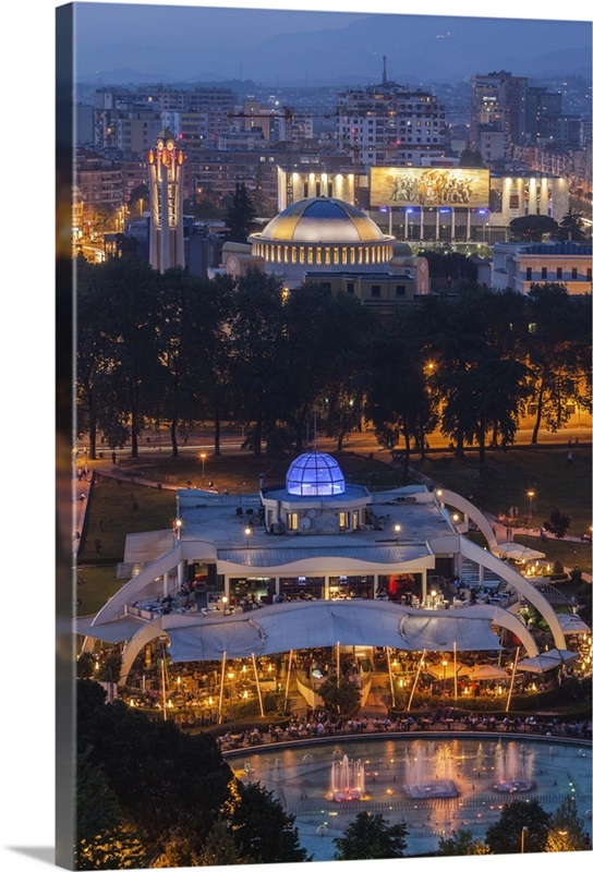 Albania, Tirana, elevated overview of Rinia Park and Taiwan Restaurant ...