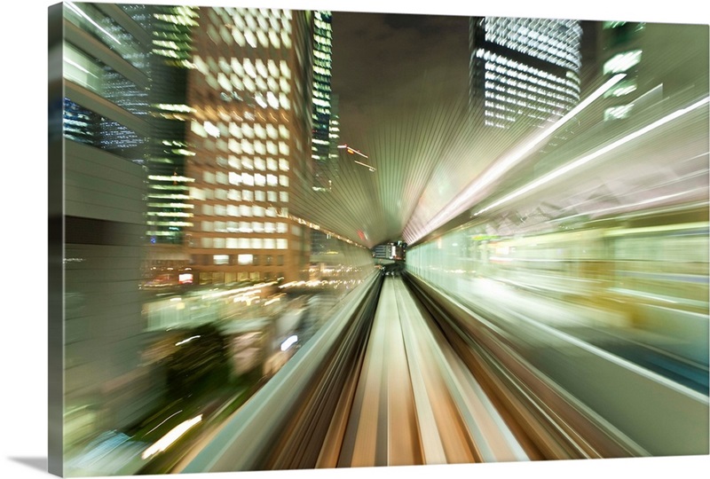 Asia, Japan, Honshu, Tokyo, blurred motion of Tokyo buildings from a ...