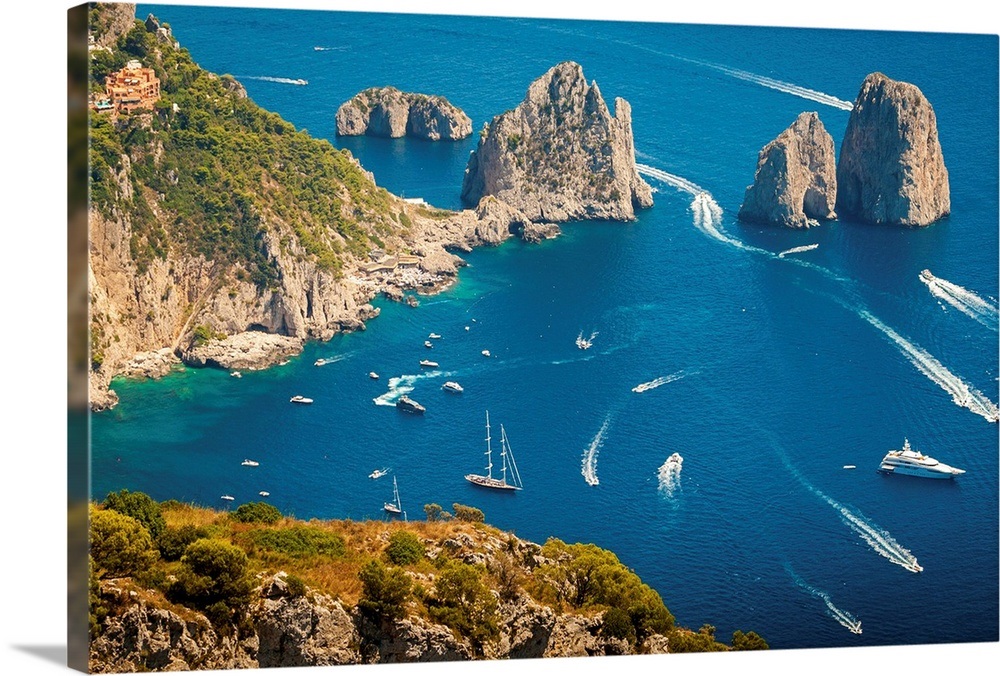 Capri island, Naples, Italy. Aerial view of Faragliioni and coastline ...