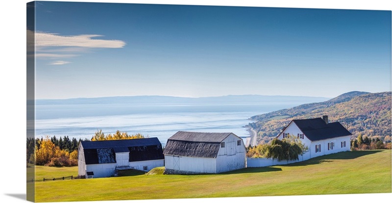Elevated View Of Farm And St. Lawrence River, Sainte Irenee, Quebec ...