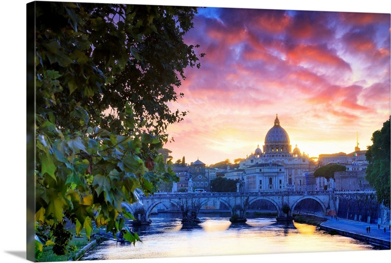 Italy, Rome, St. Peter Basilica by night reflecting on Tevere river ...