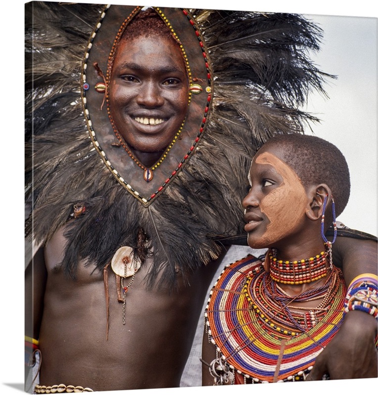 Kenya, Oloololo, A Maasai warrior and his girlfriend during an eunoto ...