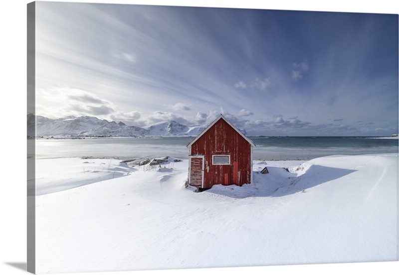 Ramberg Beach, With An Classic Rorbuer, Ramberg, Lofoten Island, Norway ...