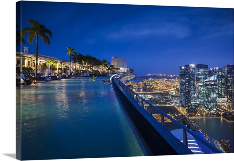 Singapore, Marina Bay Sands Hotel, rooftop swimming pool, dusk | Great ...