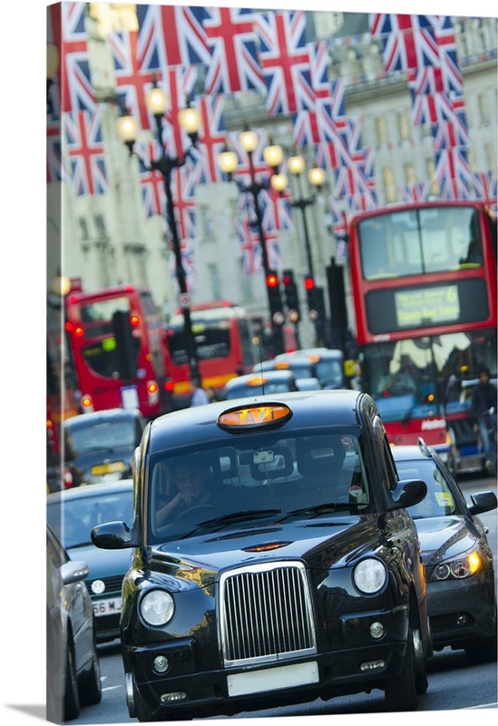 UK, England, London, Regent Street, Taxis and Union Jack Flags | Great ...
