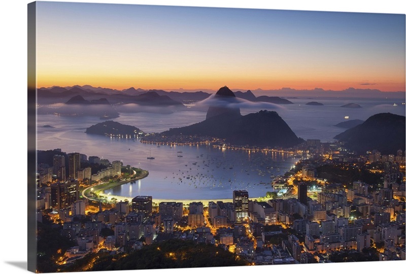View of Sugarloaf Mountain and Botafogo Bay at dawn, Rio de Janeiro ...