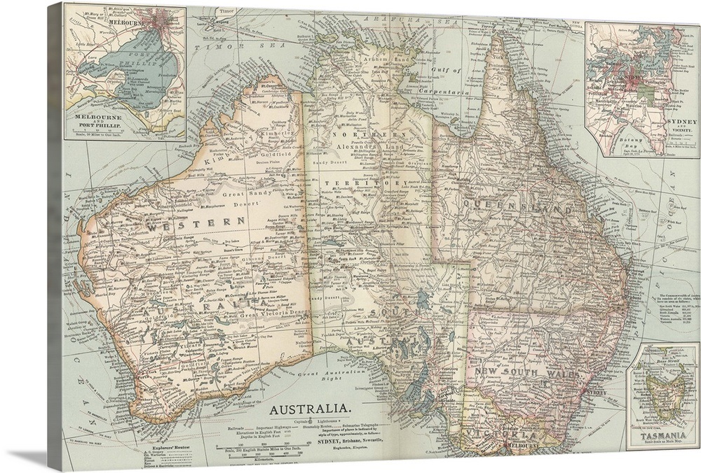 Australia - Vintage Map Wall Art, Canvas Prints, Framed Prints, Wall ...