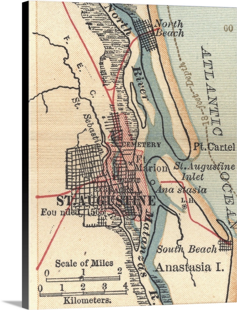 St Augustine Vintage Map Wall Art Canvas Prints Framed Prints