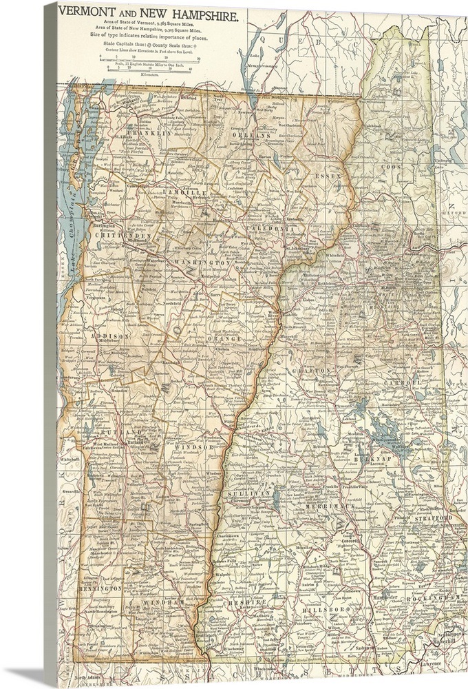 Vermont and New Hampshire - Vintage Map Wall Art, Canvas Prints, Framed ...