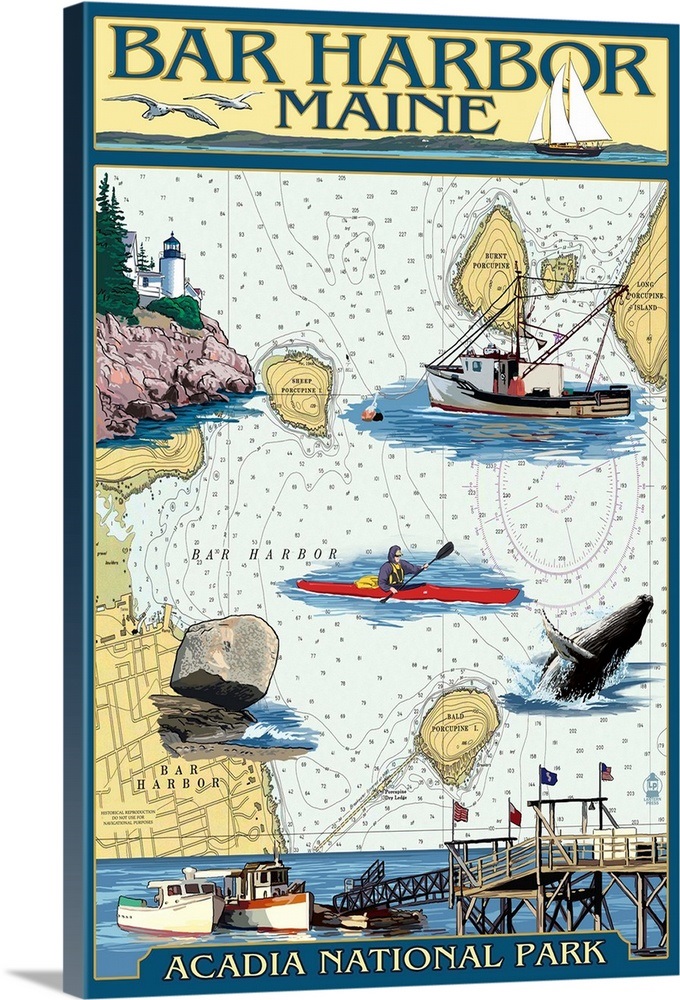 Bar Harbor, Maine - Nautical Chart: Retro Travel Poster Wall Art ...