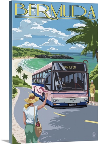 Bermuda, Pink Bus on Coastline | Great Big Canvas