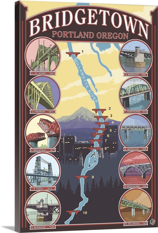 Bridges of Portland, Oregon: Retro Travel Poster | Great Big Canvas