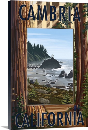 Cambria, California - Redwoods and Coast Scene: Retro Travel Poster ...
