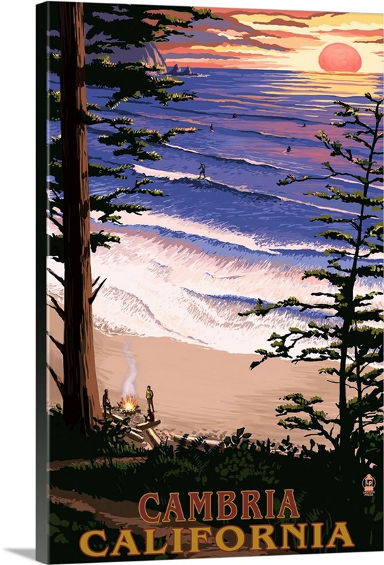 Cambria, California - Sunset and Surfers : Retro Travel Poster | Great ...