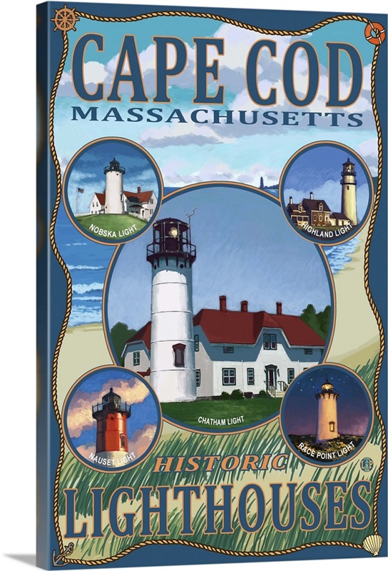 Cape Cod Lighthouses, MA: Retro Travel Poster | Great Big Canvas