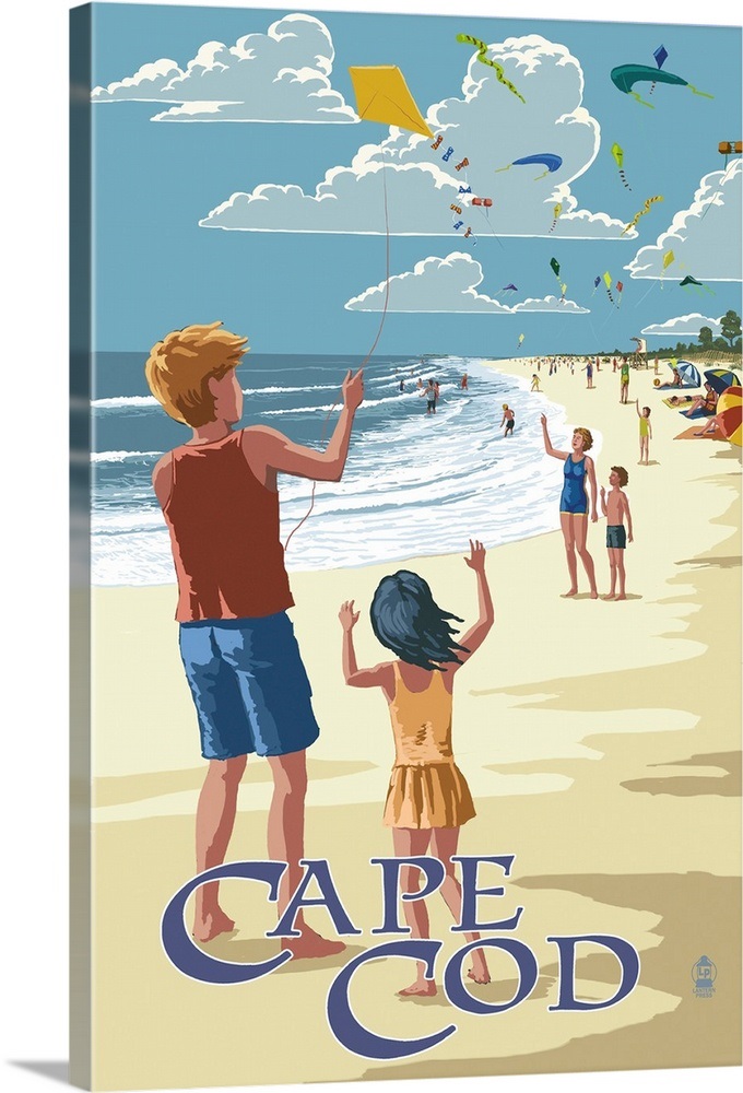 Cape Cod, Massachusetts - Kite Flyers: Retro Travel Poster Wall Art ...
