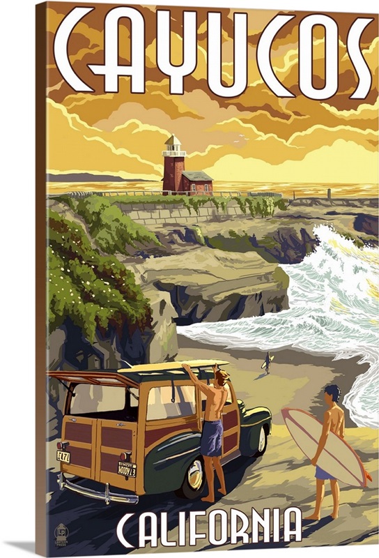 Cayucos, California - Woody and Lighthouse: Retro Travel Poster | Great ...