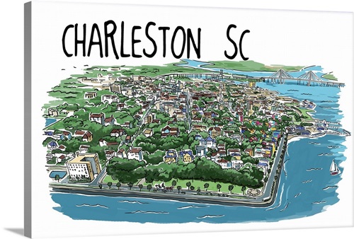 Charleston, South Carolina - Line Drawing Wall Art, Canvas Prints ...