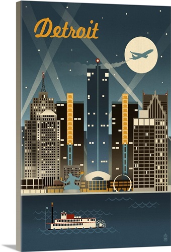 Detroit, Michigan - Retro Skyline: Retro Travel Poster | Great Big Canvas