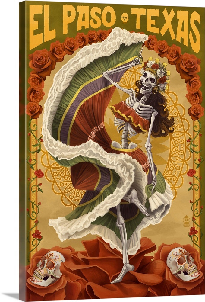 El Paso, Texas - Day of the Dead Dancer: Retro Travel Poster Wall Art ...