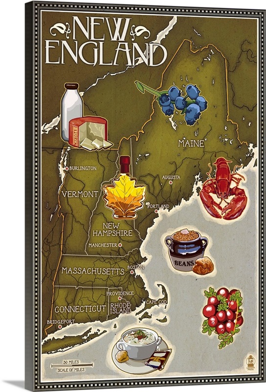 Foods of New England Map: Retro Travel Poster | Great Big Canvas
