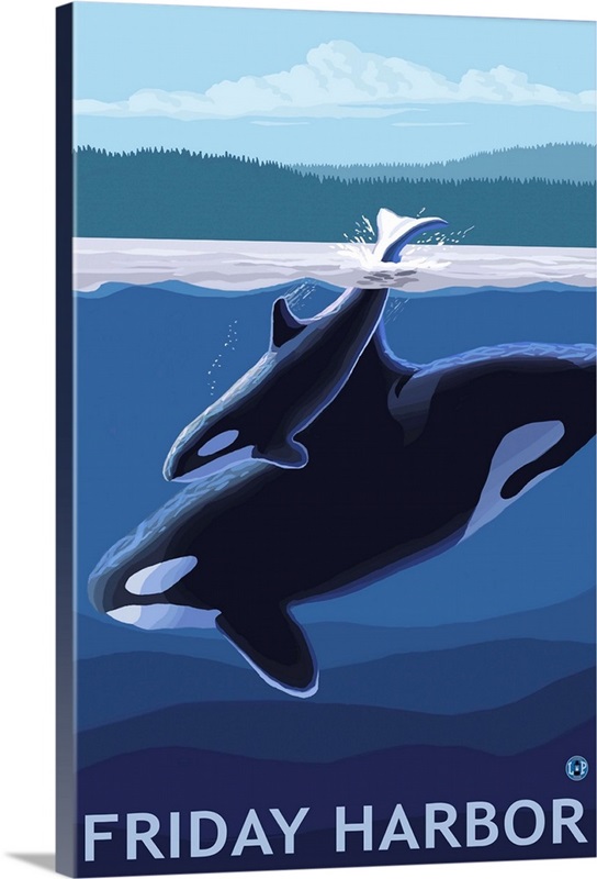 Friday Harbor, WA - Orca and Calf: Retro Travel Poster | Great Big Canvas