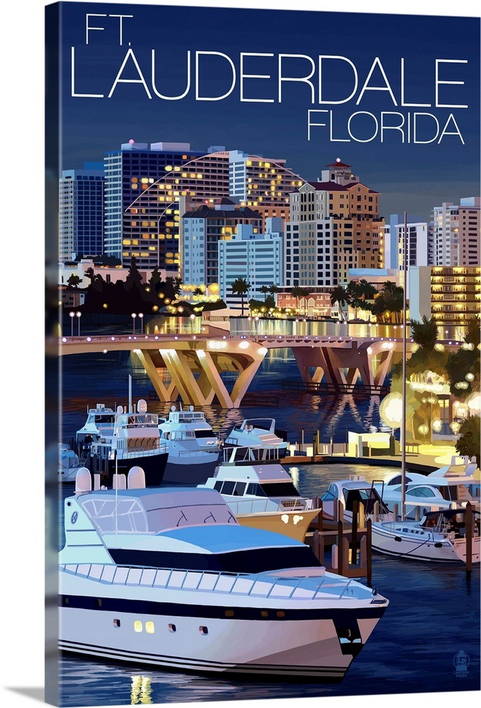 Ft. Lauderdale, Florida - Night Scene: Retro Travel Poster Wall Art ...