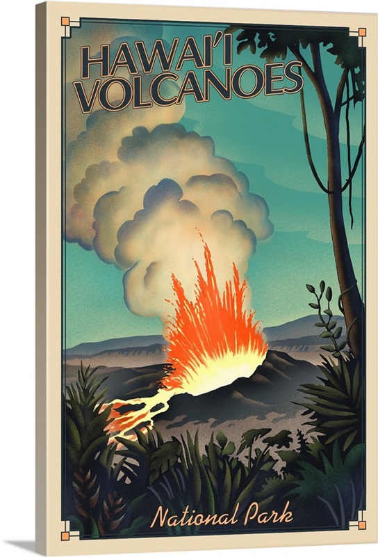 Hawaii Volcanoes National Park, Volcano Erupting: Retro Travel Poster ...