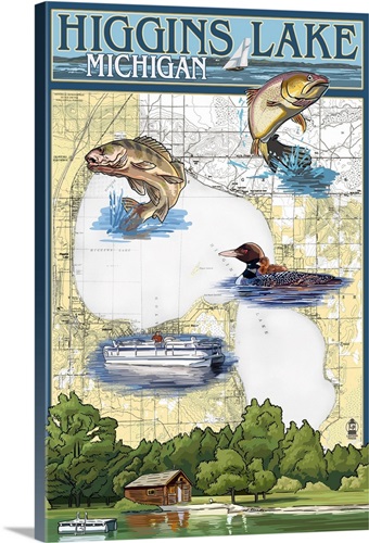 Higgins Lake, Michigan - Lake Chart: Retro Travel Poster | Great Big Canvas