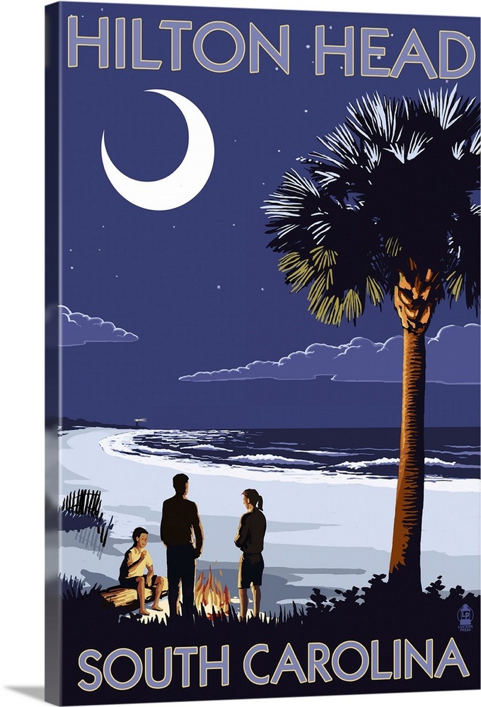Hilton Head, South Carolina - Beach and Bonfire: Retro Travel Poster ...