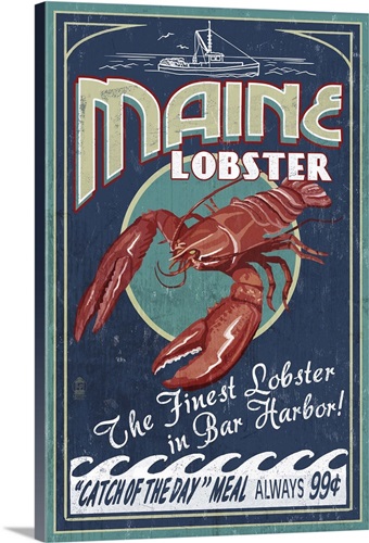 Lobster Vintage Sign - Bar Harbor, Maine: Retro Travel Poster Wall Art ...
