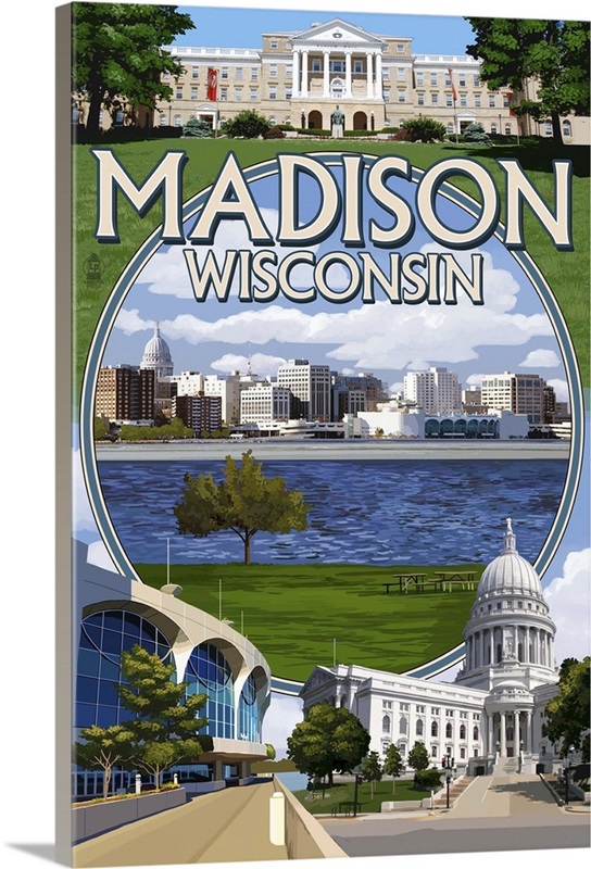 Madison, Wisconsin - Montage Scenes: Retro Travel Poster | Great Big Canvas