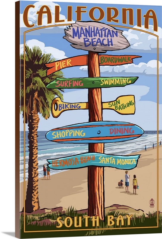 Manhattan Beach, California - Destination Sign: Retro Travel Poster ...