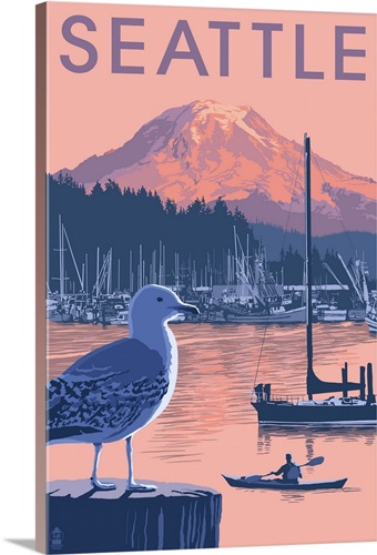 Marina and Rainier at Sunset - Seattle, Washington: Retro Travel Poster ...
