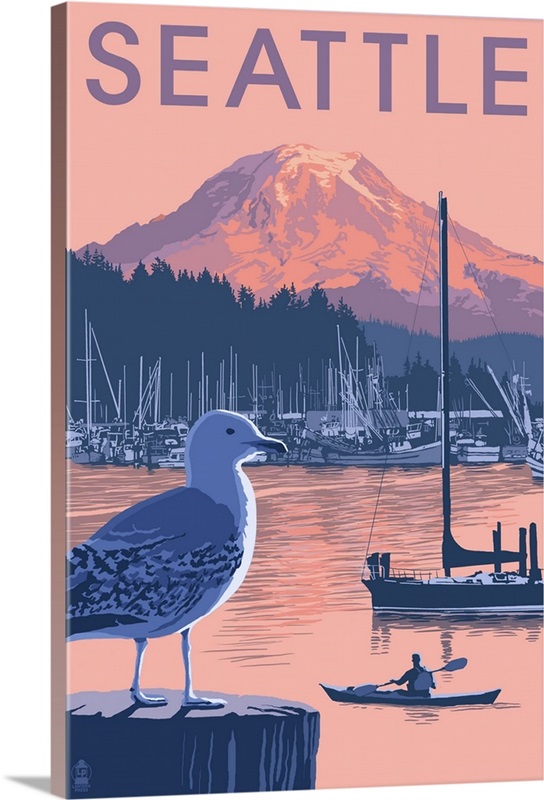 Marina and Rainier at Sunset - Seattle, Washington: Retro Travel Poster ...