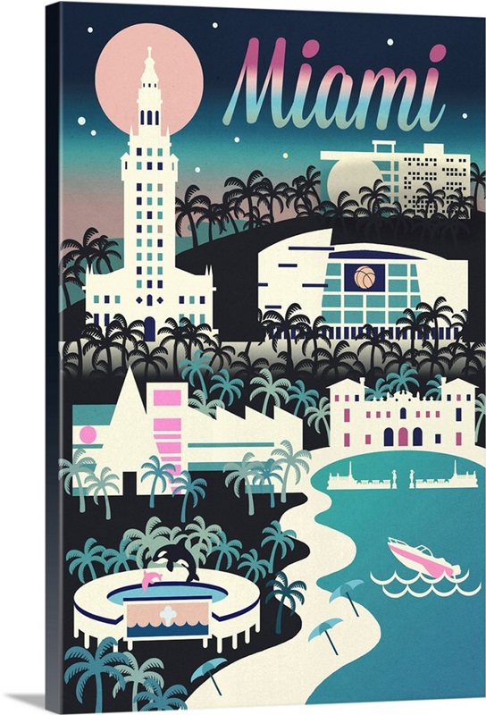 Miami, Florida - Retro Skyline Chromatic Series | Great Big Canvas