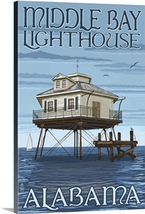 Middle Bay Lighthouse - Alabama: Retro Travel Poster Wall Art, Canvas ...