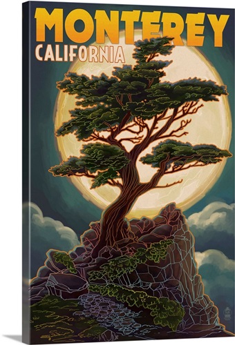 Monterey, California - Cypress and Full Moon: Retro Travel Poster ...