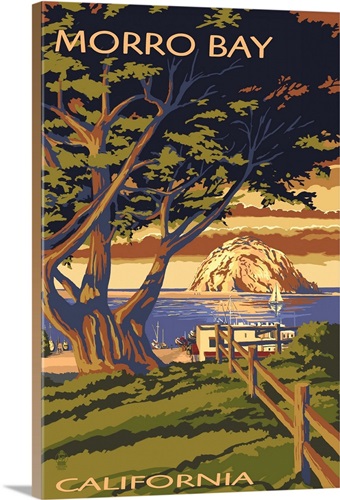 Morro Bay, California Town View with Morro Rock: Retro Travel Poster ...