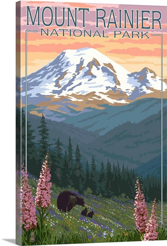 Mount Rainier National Park - Bear Family and Spring Flowers: Retro ...
