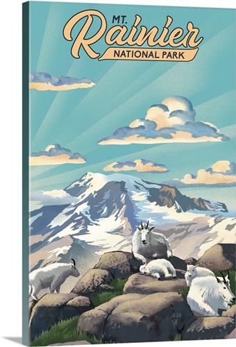 Mount Rainier National Park, Rams On A Mountaintop: Retro Travel Poster ...