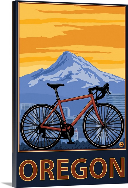 Mountain Bike and Mt. Hood - Oregon: Retro Travel Poster | Great Big Canvas