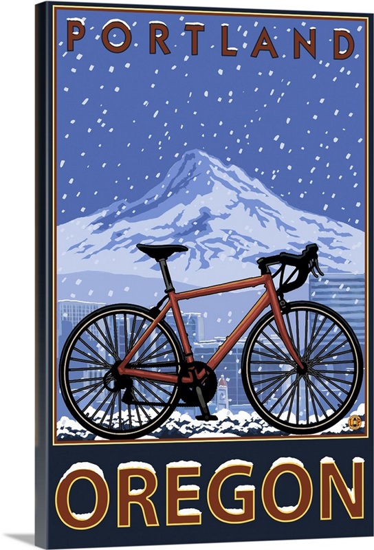 Mountain Bike in Snow - Portland, Oregon: Retro Travel Poster | Great ...