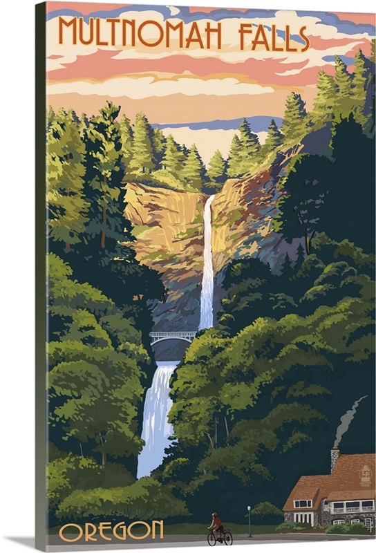 Multnomah Falls, Oregon - Sunset: Retro Travel Poster | Great Big Canvas