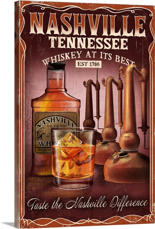 Nashville, Tennessee - Whiskey Vintage Sign: Retro Travel Poster ...