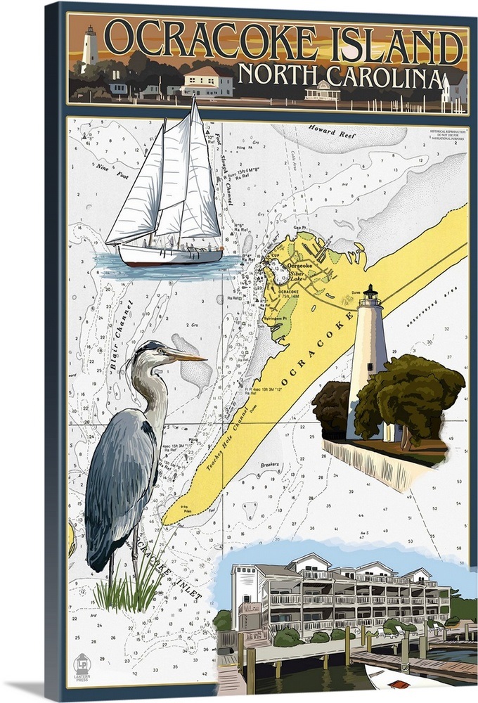 Ocracoke, Outer Banks, North Carolina - Nautical Chart: Retro Travel Poster Wall Art, Canvas ...