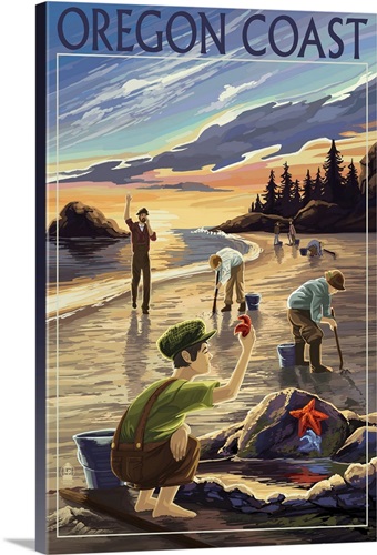 Oregon Coast - Clam Diggers: Retro Travel Poster | Great Big Canvas