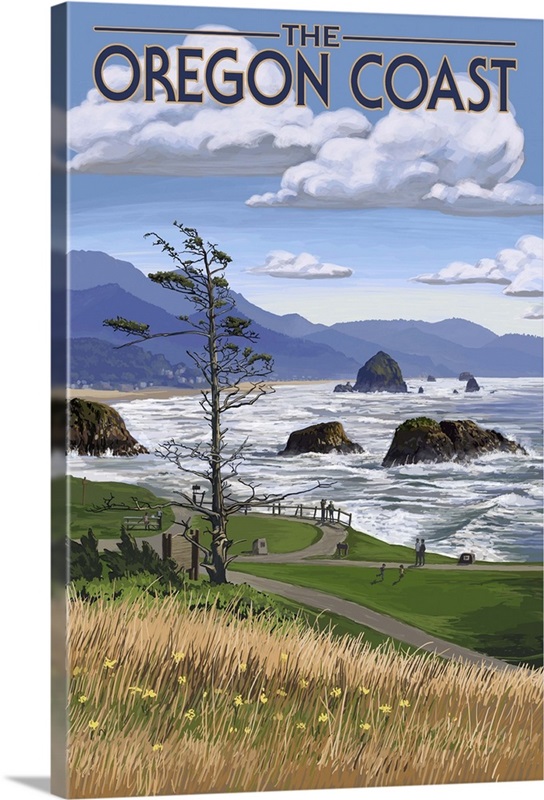 Oregon Coast Rocky Shore: Retro Travel Poster | Great Big Canvas