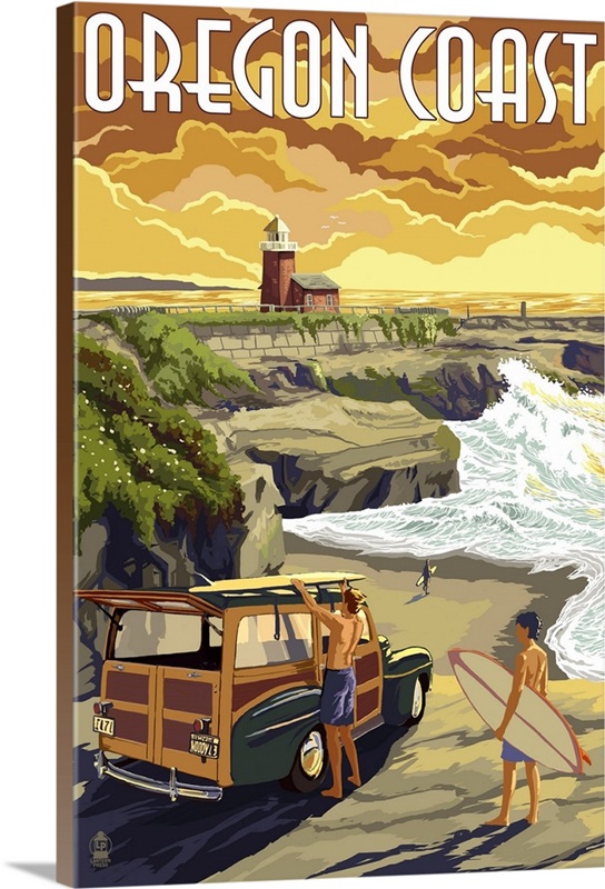 Oregon Coast - Woody and Lighthouse: Retro Travel Poster | Great Big Canvas