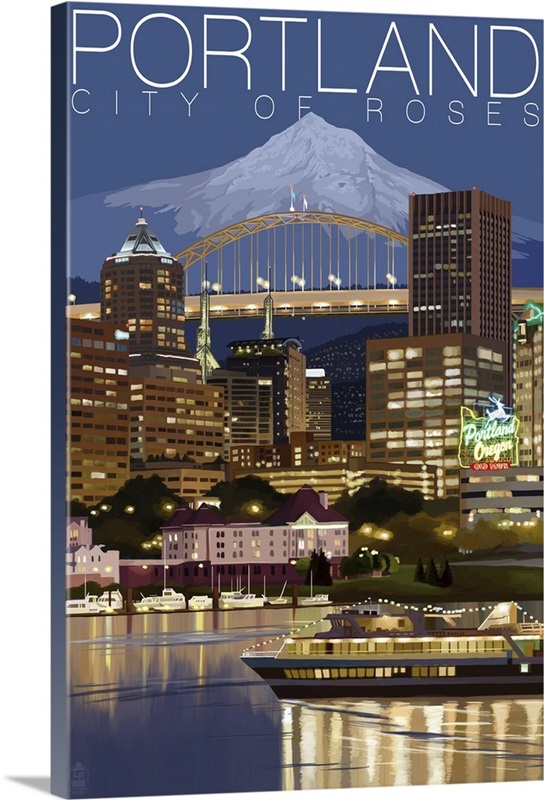 Portland, Oregon - Skyline at Night: Retro Travel Poster | Great Big Canvas